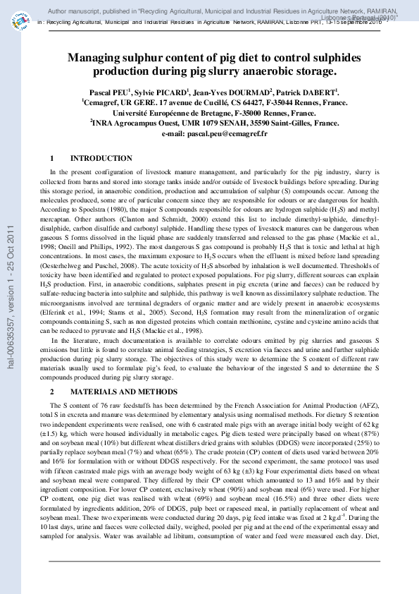 (PDF) Managing sulphur content of pig diet to control further sulphides ...