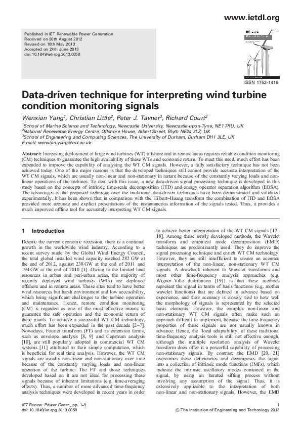 Pdf Data Driven Technique For Interpreting Wind Turbine Condition Monitoring Signals
