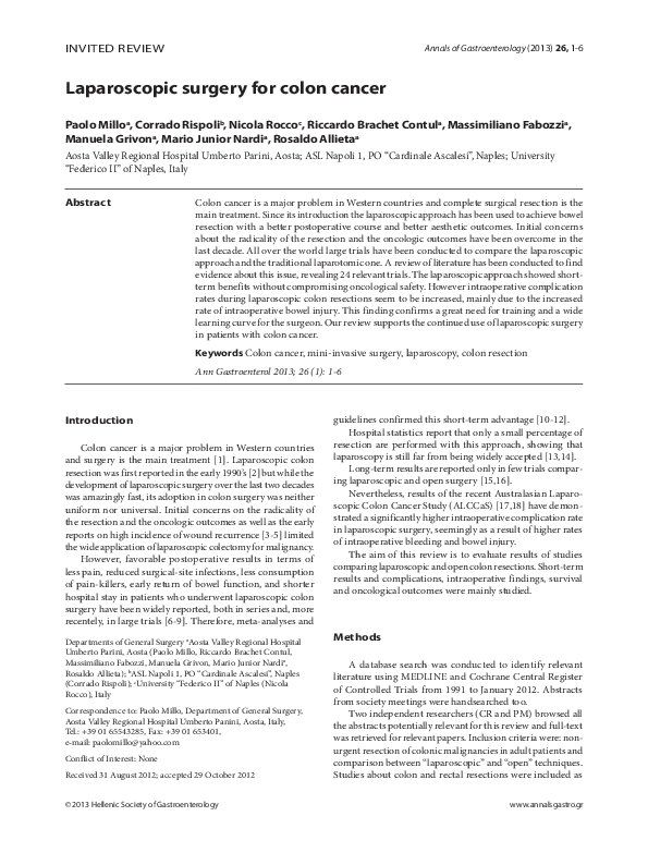 (PDF) Laparoscopic-assisted colectomy and lymphadenectomy without peritoneal insufflation for ...