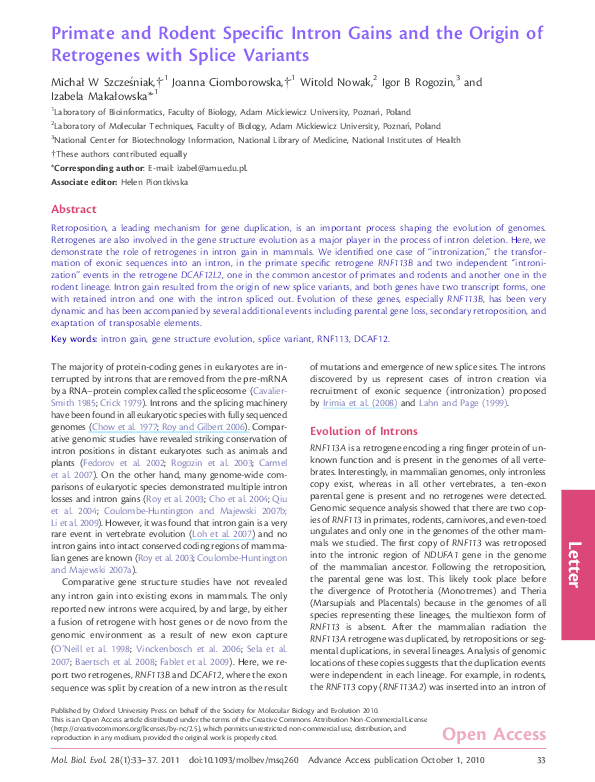(PDF) Primate and Rodent Specific Intron Gains and the Origin of ...