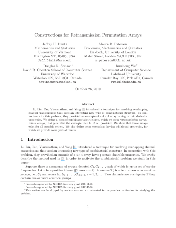(PDF) Constructions for retransmission permutation arrays