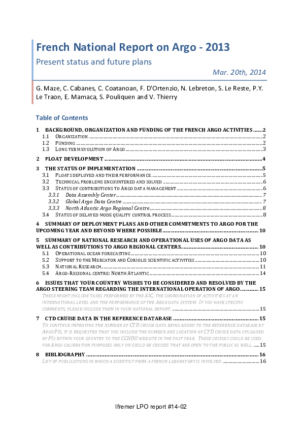 (PDF) French National Report on Argo-2013. Present status and future plans