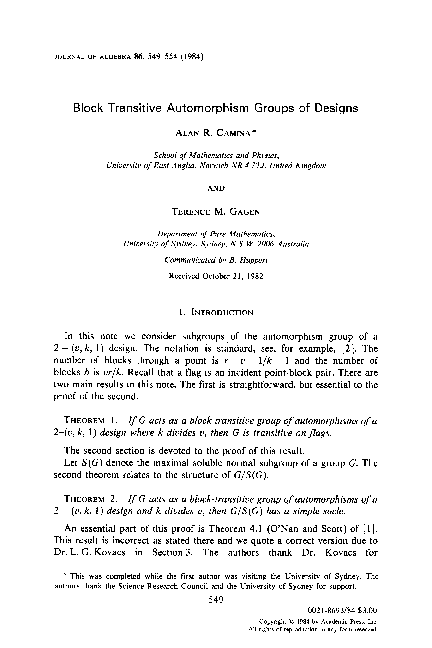 (PDF) Block transitive automorphism groups of designs
