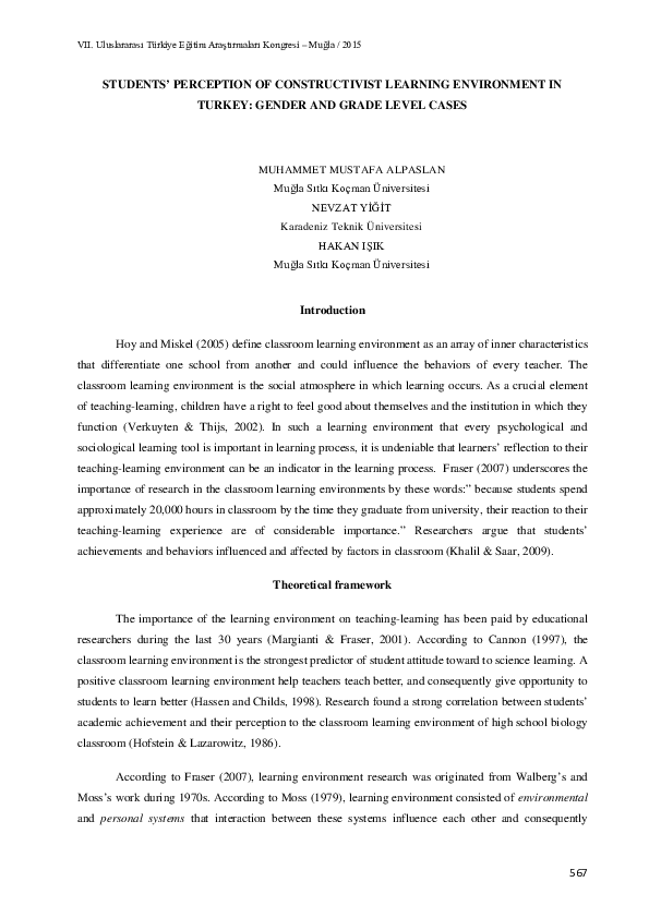 (PDF) STUDENTS' PERCEPTION OF CONSTRUCTIVIST LEARNING ENVIRONMENT IN TURKEY: GENDER AND GRADE ...