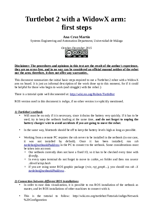 (PDF) Turtlebot 2 with a WidowX arm: first steps