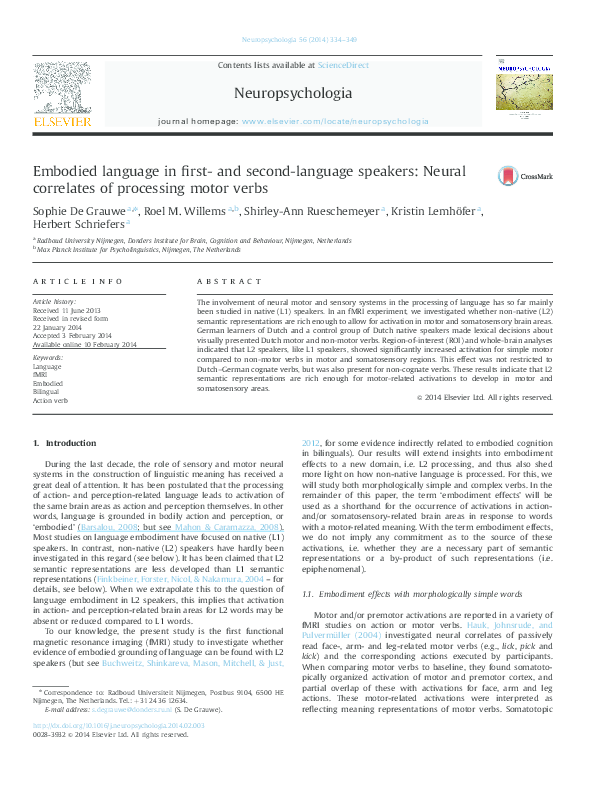 Pdf Embodied Language In First And Second Language Speakers Neural Correlates Of Processing