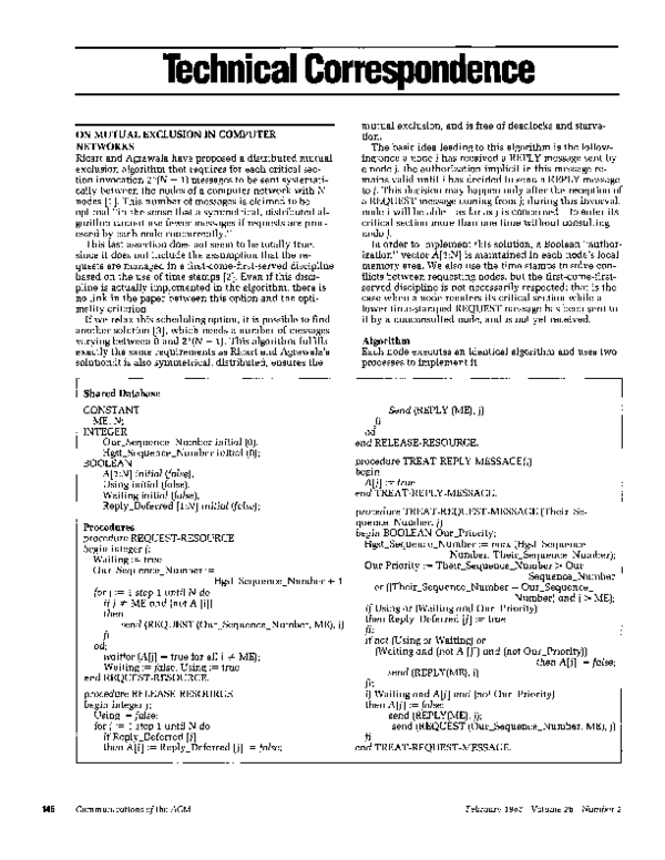 (PDF) On mutual exclusion in computer networks