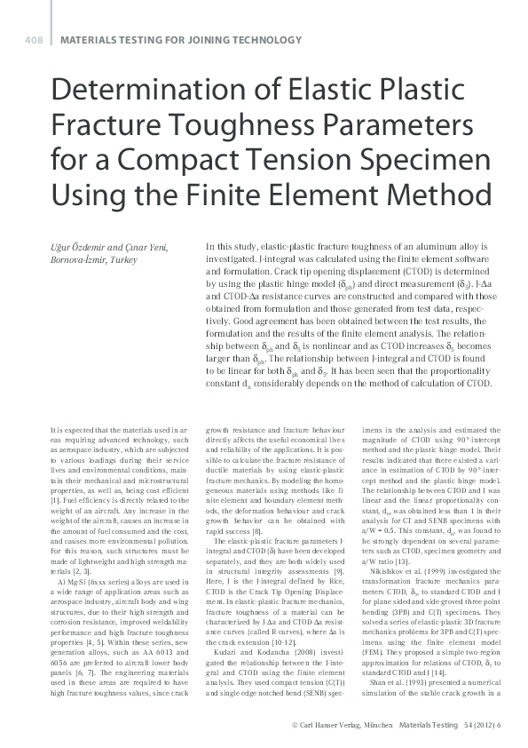 (PDF) Determination of Elastic Plastic Fracture Toughness Parameters for a Compact Tension ...