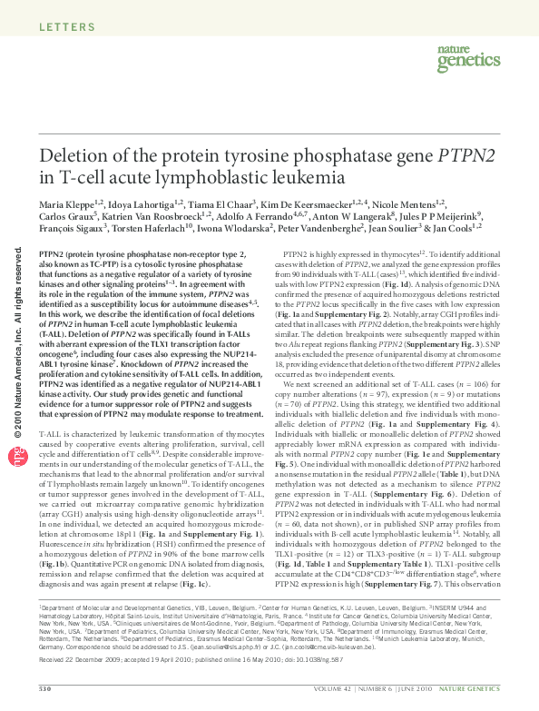 (PDF) Deletion of the protein tyrosine phosphatase gene PTPN2 in T-cell ...