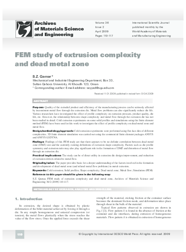(PDF) FEM study of extrusion complexity and dead metal zone