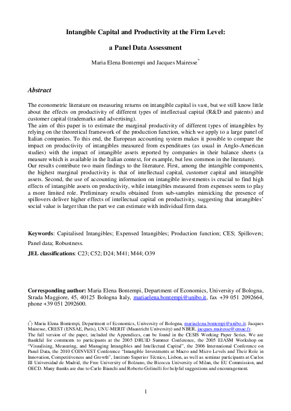 (PDF) Intangible capital and productivity at the firm level: a panel ...