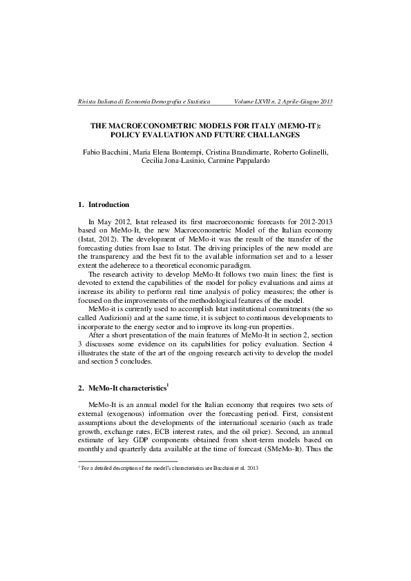 (PDF) The Macroeconometric Models For Italy (Memo-It): Policy Evaluation And Future Challanges