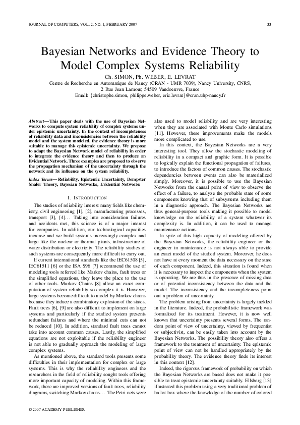 (PDF) Bayesian Networks and Evidence Theory to Model Complex Systems Reliability