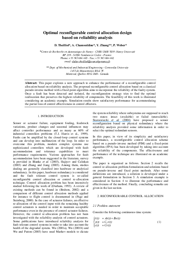 (PDF) Optimal Reconfigurable Control Allocation Design Based on Reliability Analysis