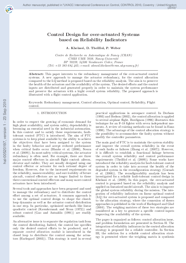 Pdf Reconfigurable Control Design For Over Actuated Systems Based On