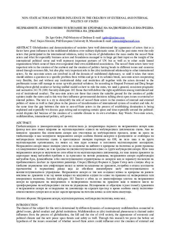 (DOC) NON-STATE ACTORS AND THEIR INFLUENCE IN THE CREATION OF EXTERNAL AND INTERNAL POLITICS OF ...
