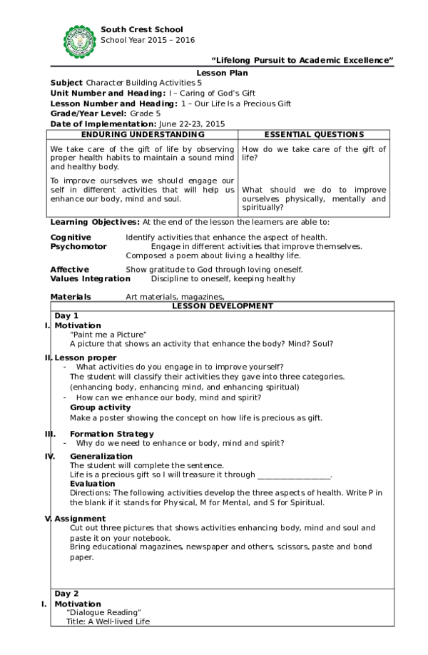 (DOC) Lesson Plan : Character Building (Life)