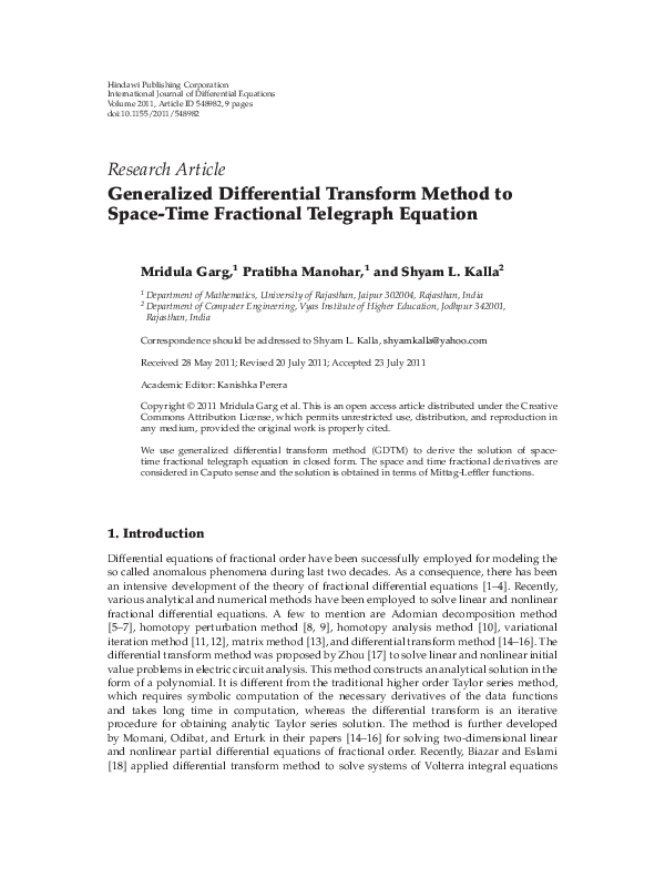 Pdf Generalized Differential Transform Method To Space Time