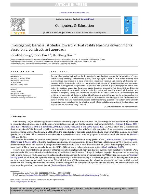 (PDF) Investigating learners’ attitudes toward virtual reality learning environments: Based on a ...