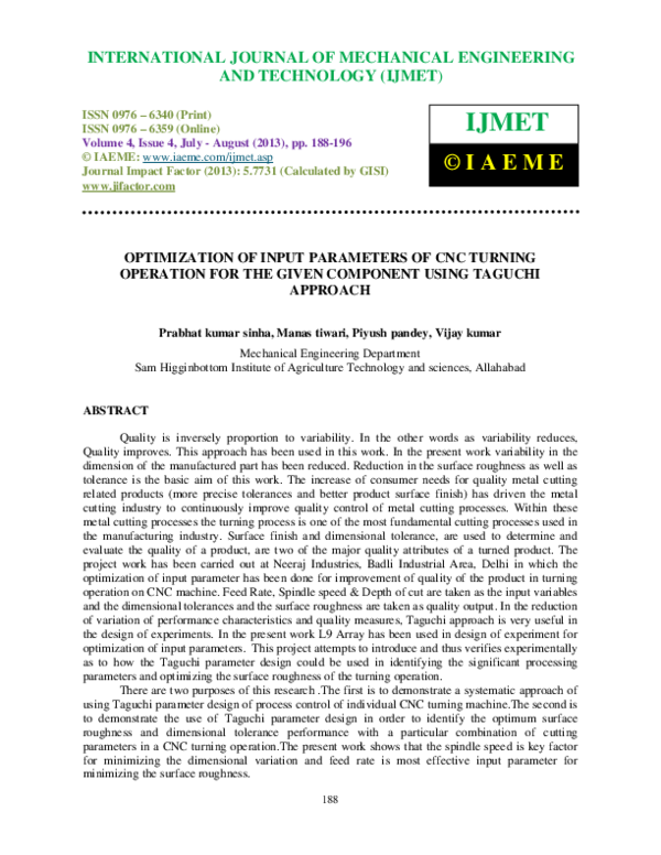 Pdf Optimization Of Input Parameters Of Cnc Turning Operation For The