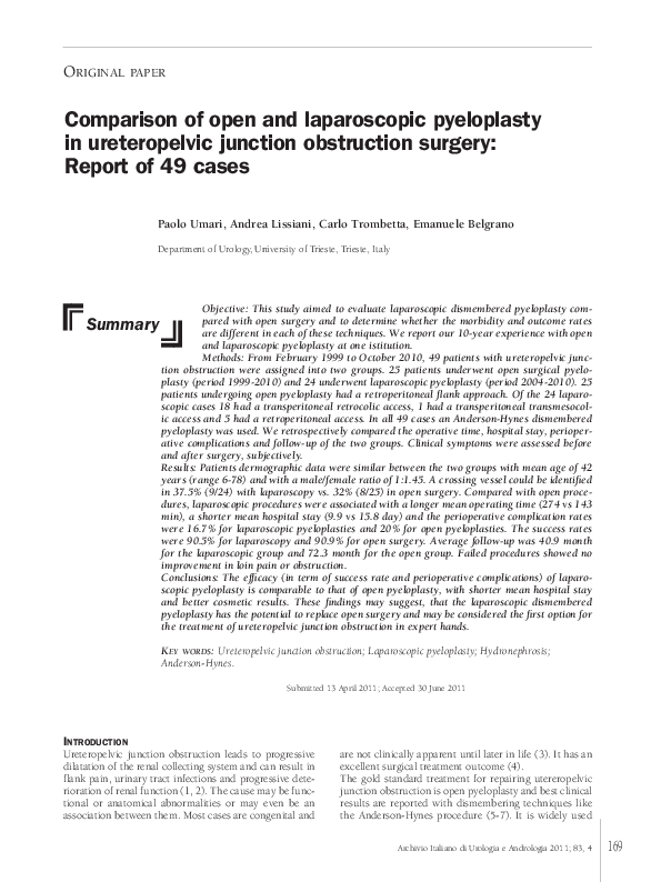 (PDF) Comparison of open and laparoscopic pyeloplasty in ureteropelvic junction obstruction ...