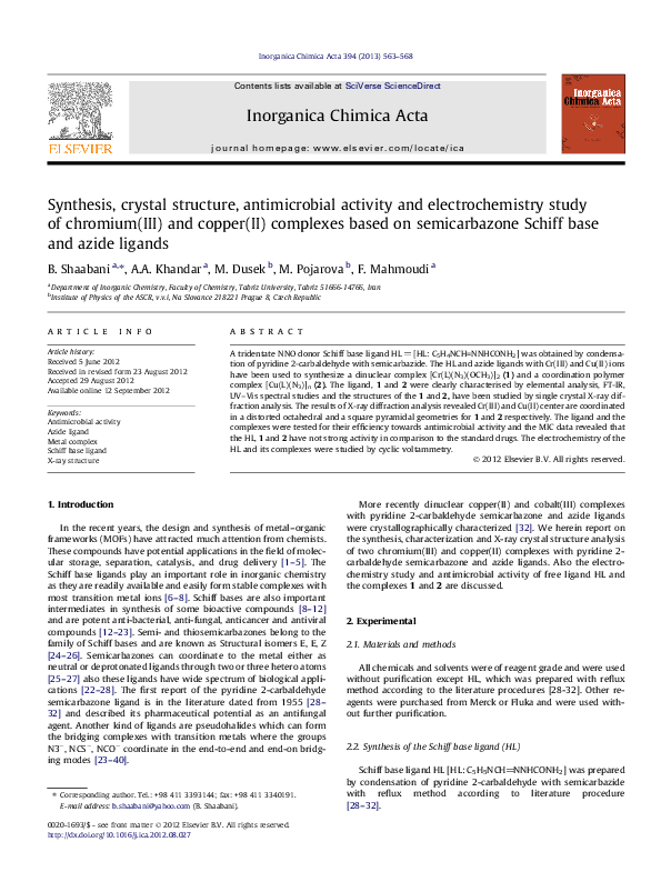 (PDF) Synthesis, crystal structure, antimicrobial activity and electrochemistry study of ...