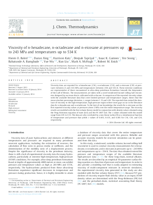 (PDF) Viscosity of n-hexadecane, n-octadecane and n-eicosane at ...