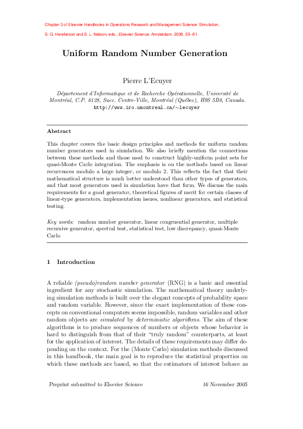 (PDF) Basics of Uniform Random Number Generators for Simulation