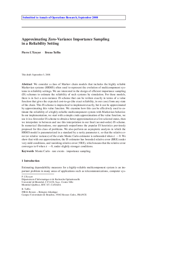 (PDF) Approximating zero-variance importance sampling in a reliability setting