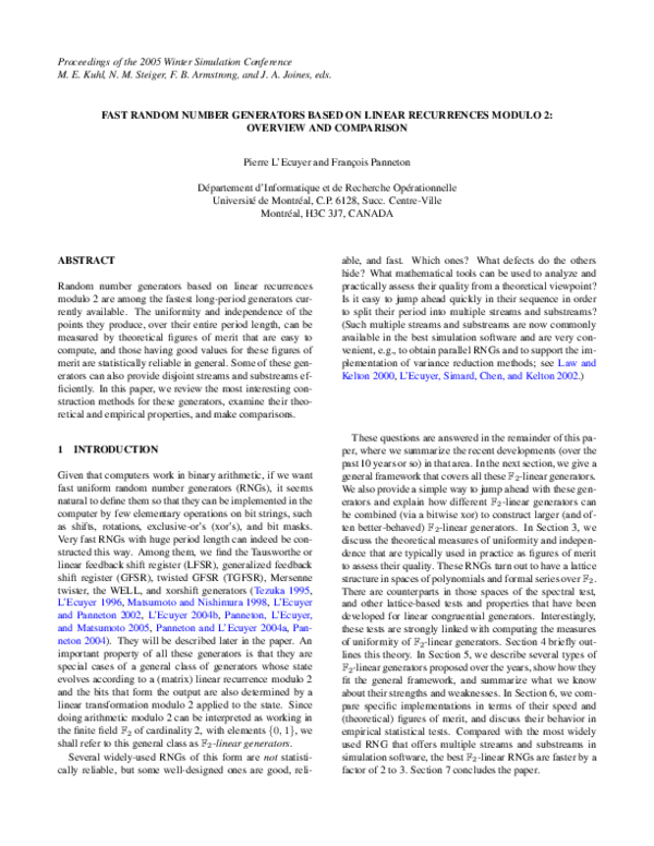 Pdf Fast Random Number Generators Based On Linear Recurrences Modulo 2 Overview And