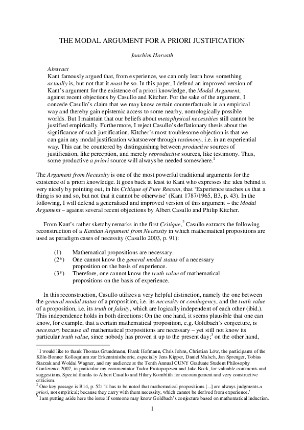 (PDF) The Modal Argument for A Priori Justification