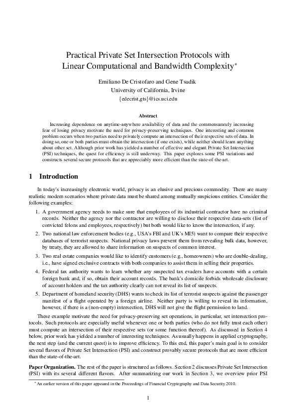 (PDF) Practical Private Set Intersection Protocols