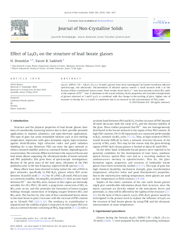 (PDF) Effect of La2O3 on the structure of lead borate glasses