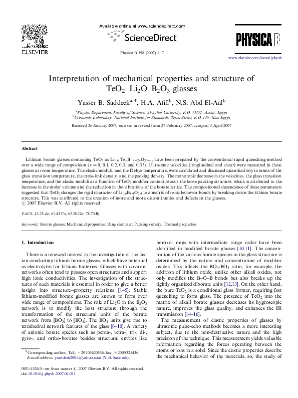 (PDF) Interpretation of mechanical properties and structure of TeO2–Li2O–B2O3 glasses
