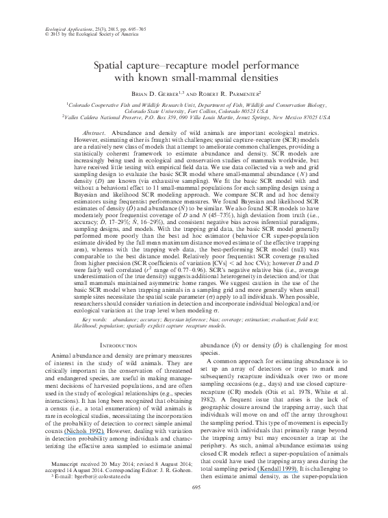 Pdf Spatial Capture Recapture Model Performance With Known Small Mammal Densities Brian
