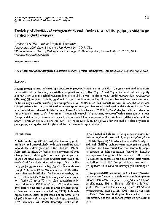 (PDF) Toxicity of Bacillus thuringiensisδ- endotoxins toward the potato ...