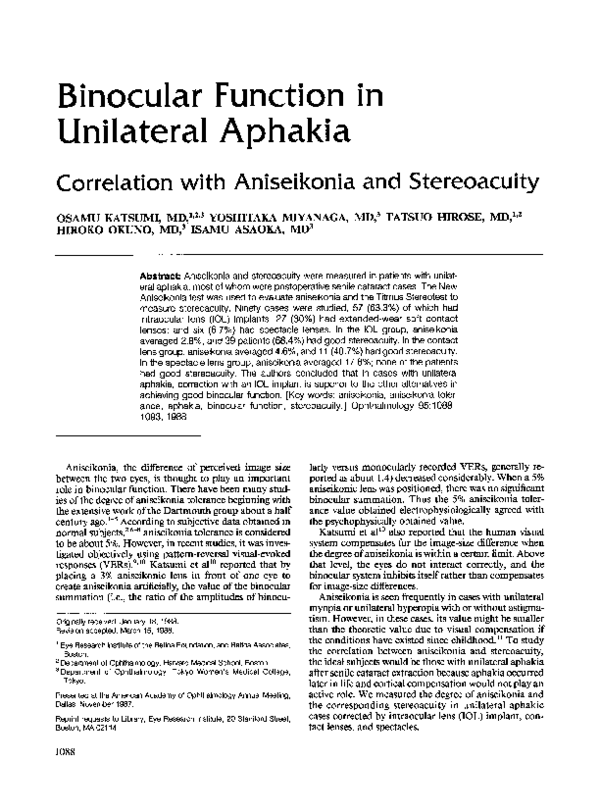 (PDF) Binocular Function in Unilateral Aphakia