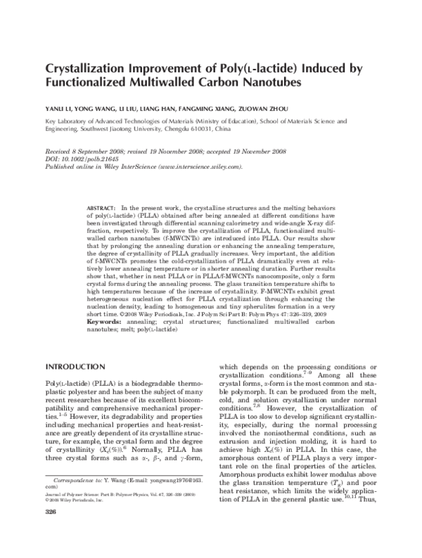 (PDF) Crystallization improvement of poly(L-lactide) induced by functionalized multiwalled ...