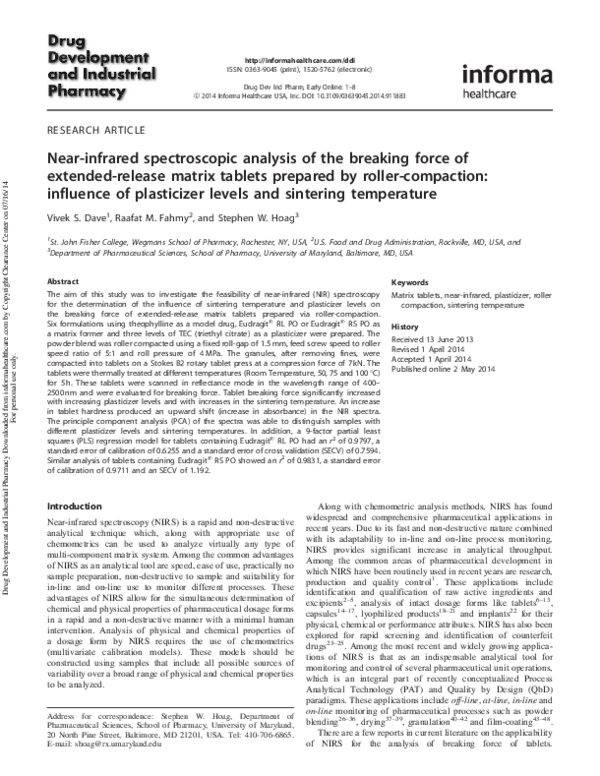 Pdf Near Infrared Spectroscopic Analysis Of The Breaking Force Of Extended Release Matrix