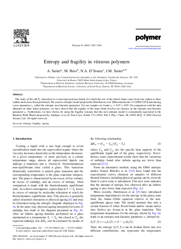 (PDF) Entropy and fragility in vitreous polymers