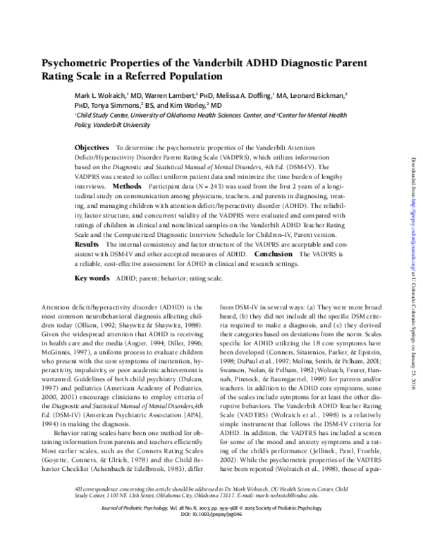 (PDF) Psychometric Properties of the Vanderbilt ADHD Diagnostic Parent ...
