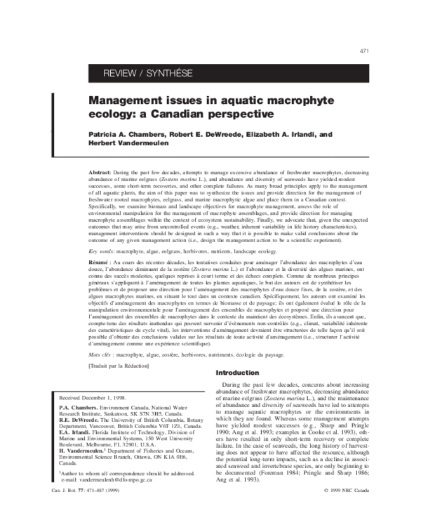 Pdf Management Issues In Aquatic Macrophyte Ecology A Canadian Perspective