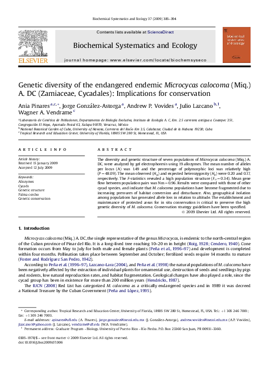 (PDF) Genetic diversity of the endangered endemic Microcycas calocoma ...