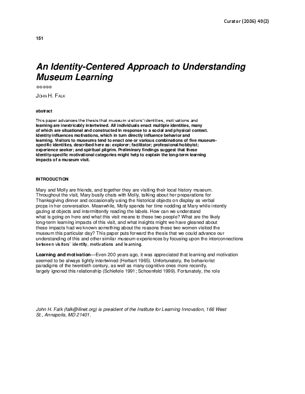 (PDF) An Identity-Centered Approach to Understanding Museum Learning