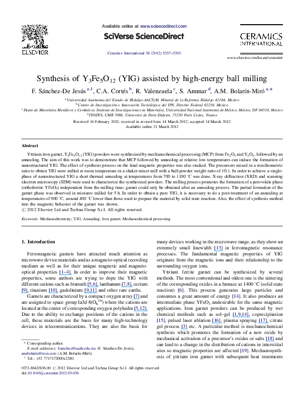 (PDF) Synthesis of Y3Fe5O12 (YIG) assisted by high-energy ball milling