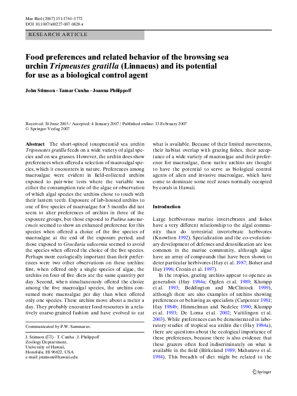 (PDF) Food preferences and related behavior of the browsing sea urchin ...