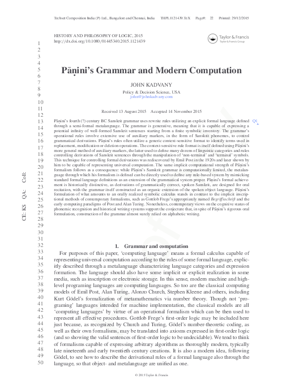 (PDF) Panini's Grammar and Modern Computation