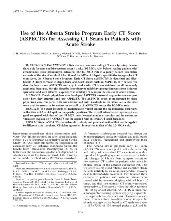 (PDF) Use of the Alberta Stroke Program Early CT Score (ASPECTS) for assessing CT scans in ...