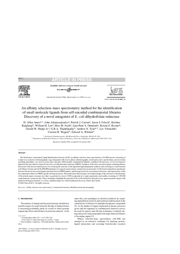 Pdf An Affinity Selection Mass Spectrometry Method For The