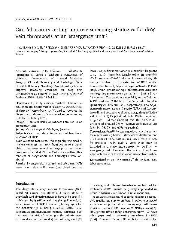 (PDF) Can laboratory testing improve screening strategies for deep vein ...